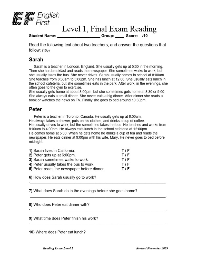 Reading Test Level 1 | PDF
