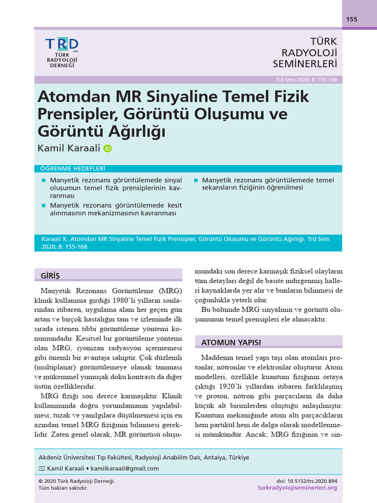 Atomdan MR Sinyaline Temel Fizik Prensipler, Görüntü Oluşumu Ve Görüntü Ağırlığı | PDF