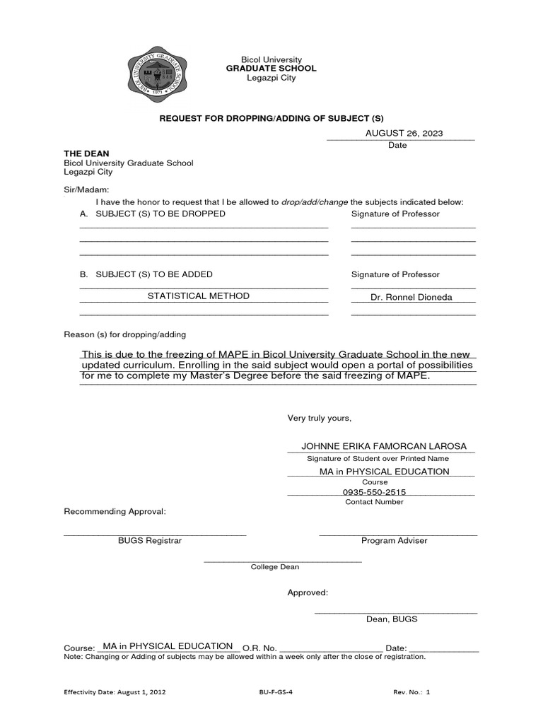 BU-F-GS-4 Request For Dropping and Adding Subjects | PDF