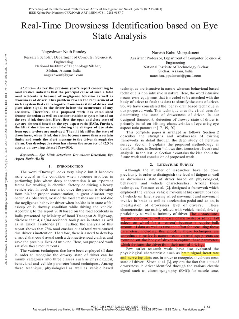 Real-Time Drowsiness Identification Based On Eye State Analysis | PDF