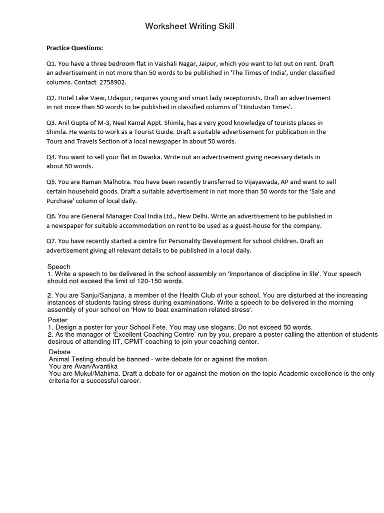 Worksheet Writing Skill | PDF