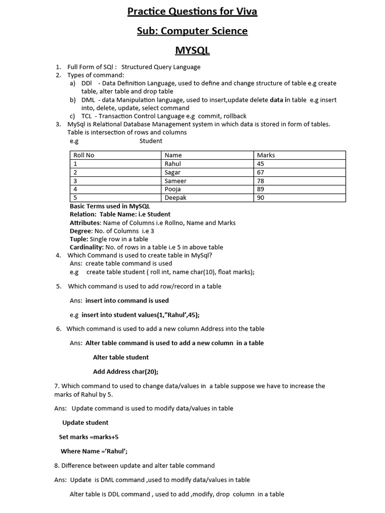 Viva Based Question | PDF | Sql | Table (Database)