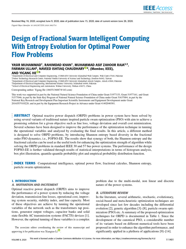 Design of Fractional Swarm Intelligent Computing With Entropy Evolution For Optimal Power Flow ...