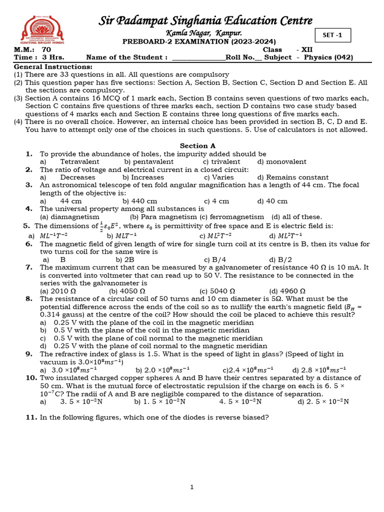 Cl-12 PHY Preboard-2 Set-1 | PDF