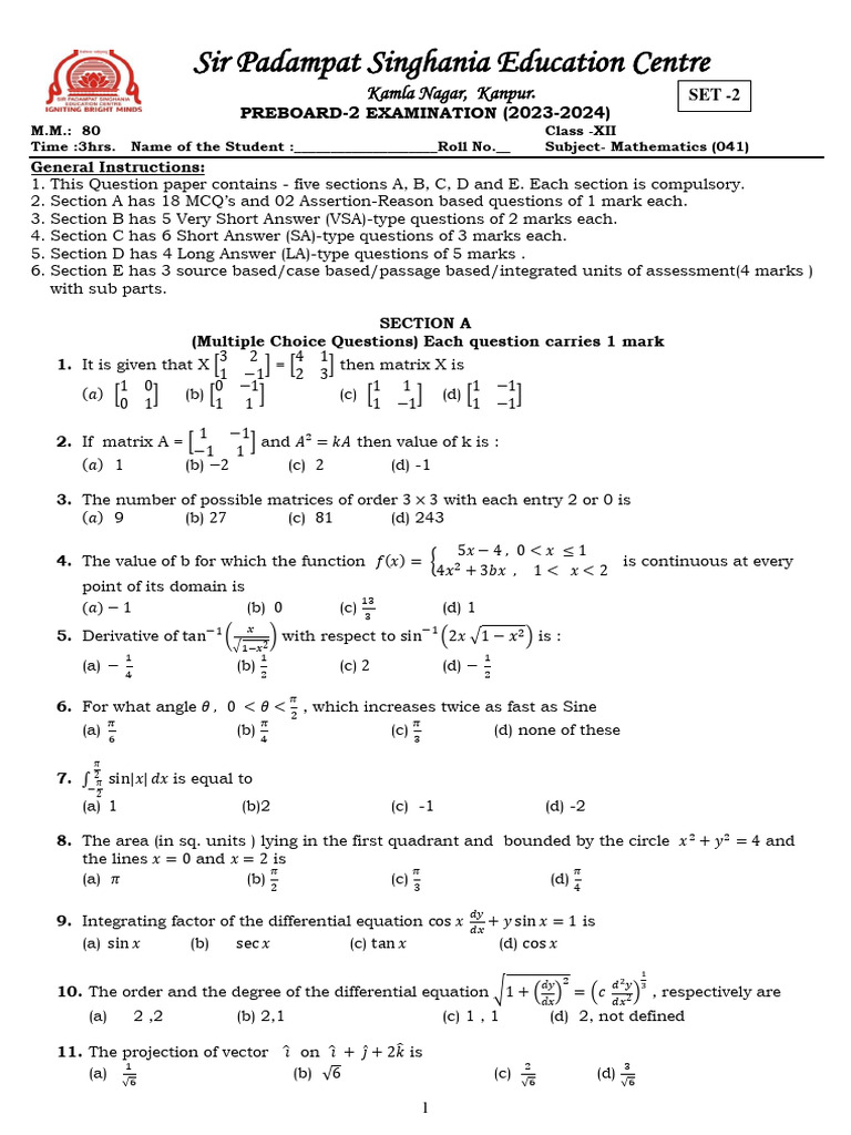 Class XII Mathematics Preboard Exam 2023-24 | PDF | Matrix (Mathematics) | Mathematics