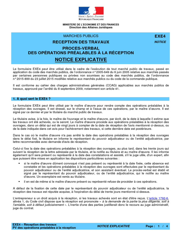 Formulaire EXE4 : Réception des travaux | PDF