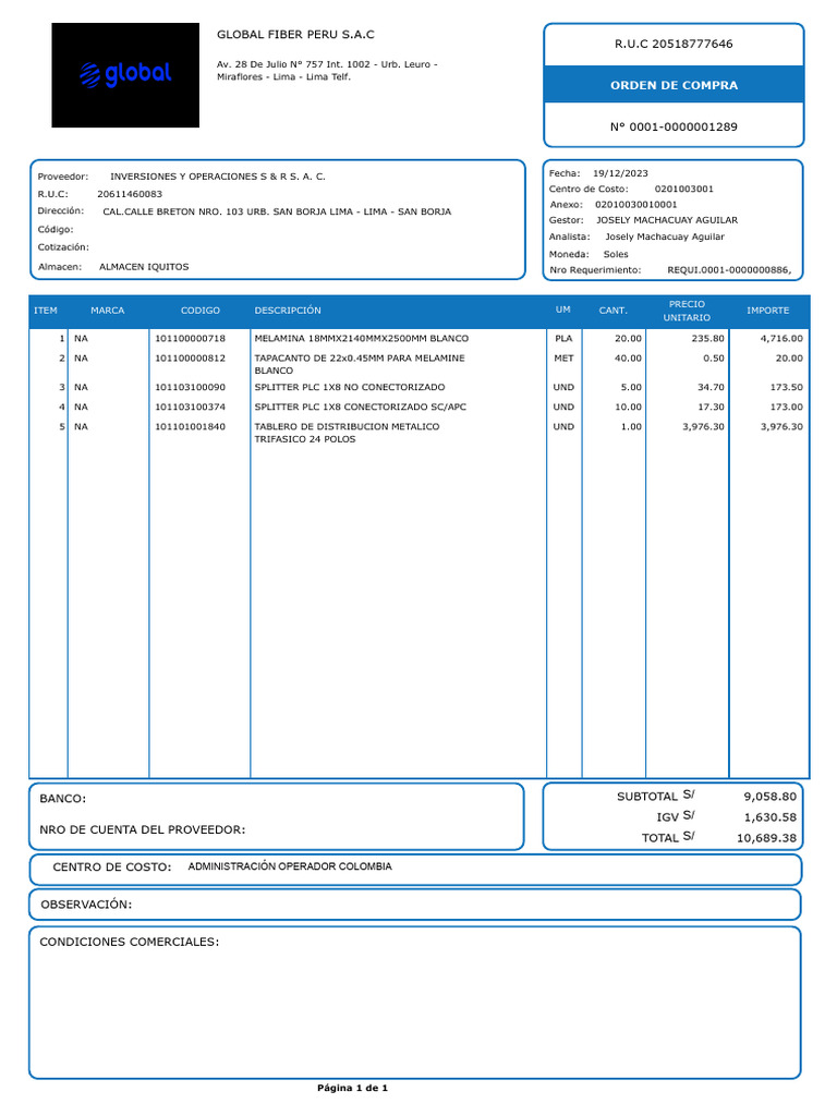 Orden de Compra Global Fiber Perú S.A.C. | PDF