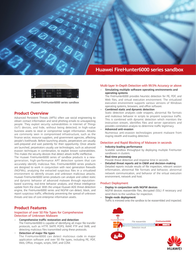 Huawei FireHunter6000 Series Sandbox Datasheet PDF | Download Free PDF | Malware | Security