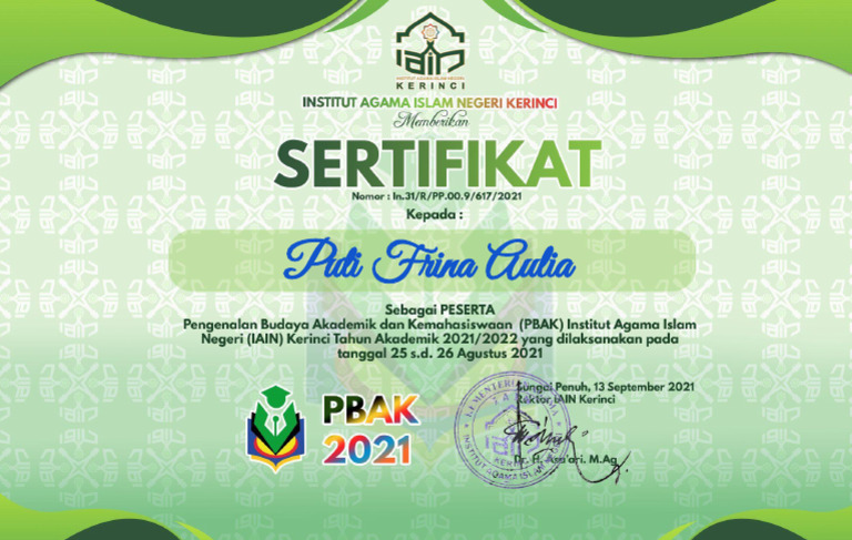 Sertifikat PBAK Puti Frina Aulia | PDF