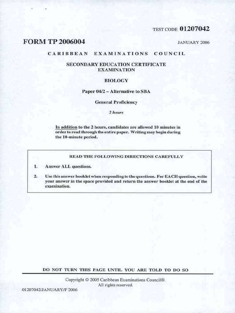 CSEC Biology January 2006 P042 | PDF | Catalase | Enzyme