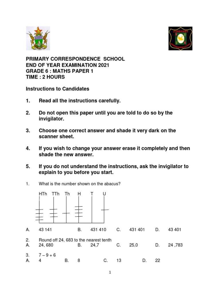 Grade 6 Maths Paper 1 | PDF | Elementary Mathematics | Mathematics