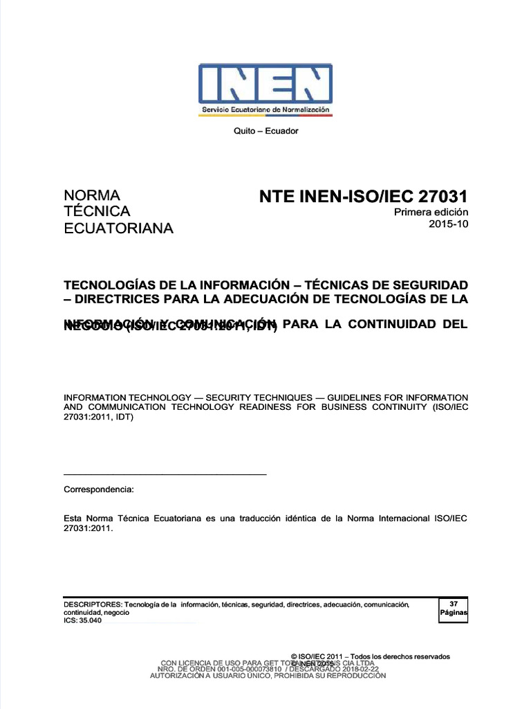 PDF Nte Inen Iso Iec 27031 Norma Tecnica Ecuatoriana - Compress | PDF