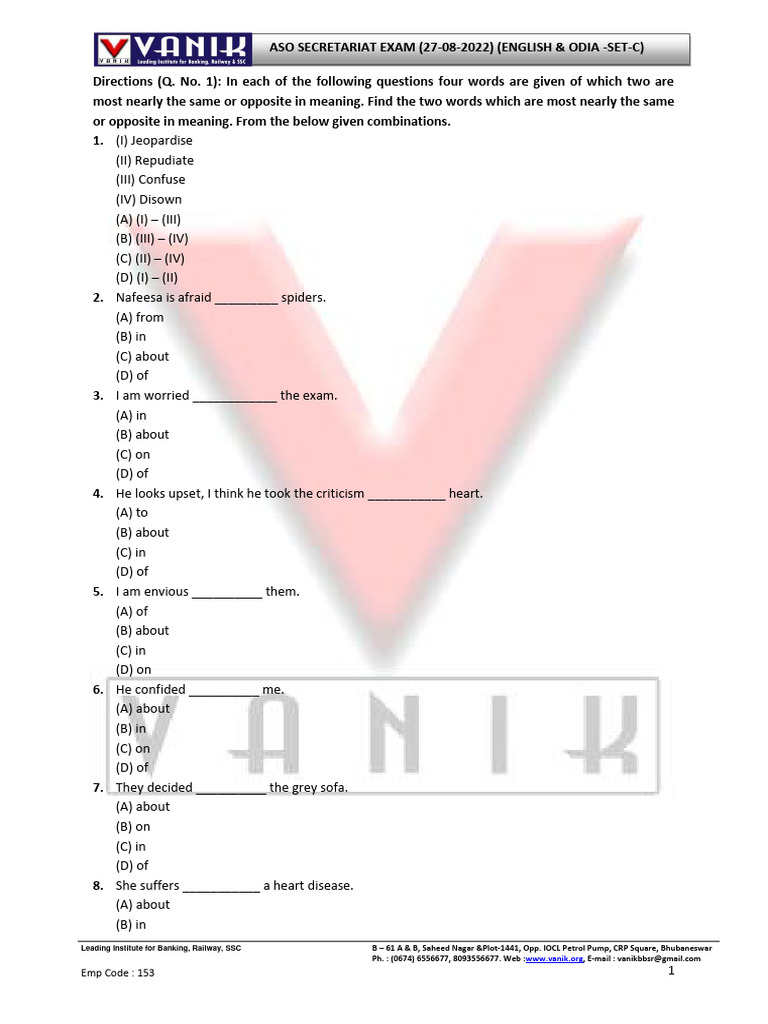 ASO Secretariat Exam English & Odia | PDF | Part Of Speech | Adjective
