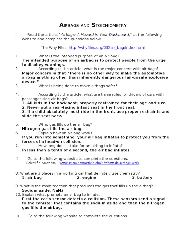 Airbags and Stoichiometry Answers | PDF | Airbag | Chemical Substances