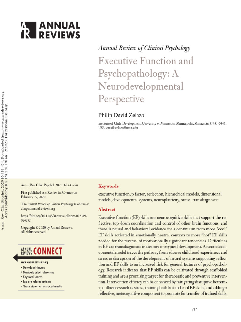 Zelazo 2020 Executive Function and Psychopathology A Neurodevelopmental Perspective | PDF ...