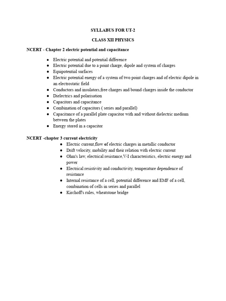 XII Physics UT 2 Syllabus | PDF