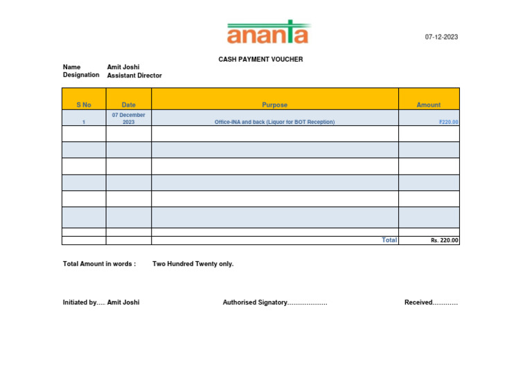 Cash Payment Voucher for BOT Reception | PDF