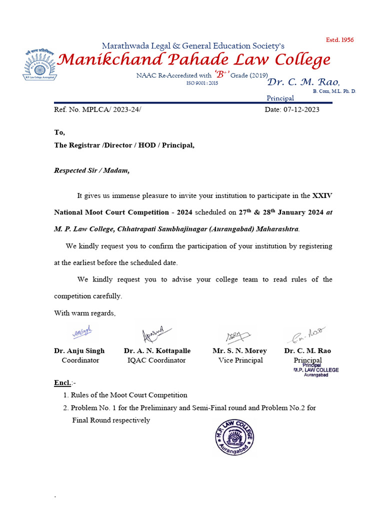 Invitation For XXIV National Moot Court Competition | PDF