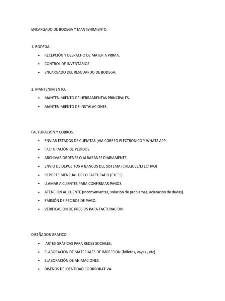 Perfil de Puesto Encargado de Bodega y Mantenimiento. | PDF