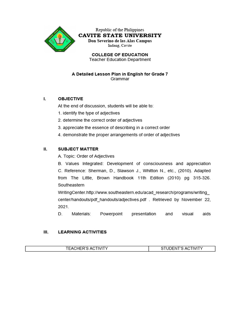 Detailed Lesson Plan Adjective | PDF