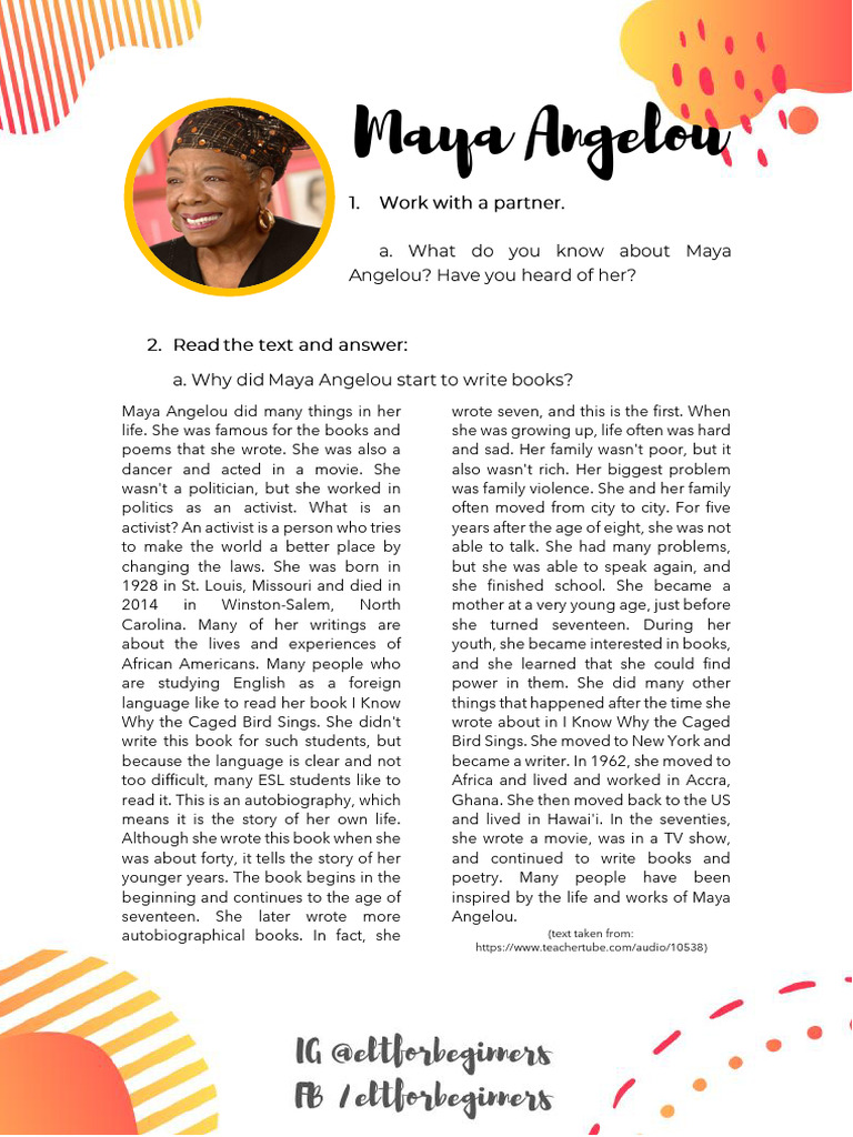Reading Comprehension Worksheet Maya Angelou | PDF