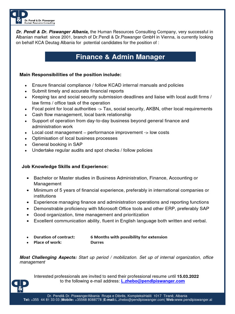 Finance & Admin Manager Position in Albania | PDF
