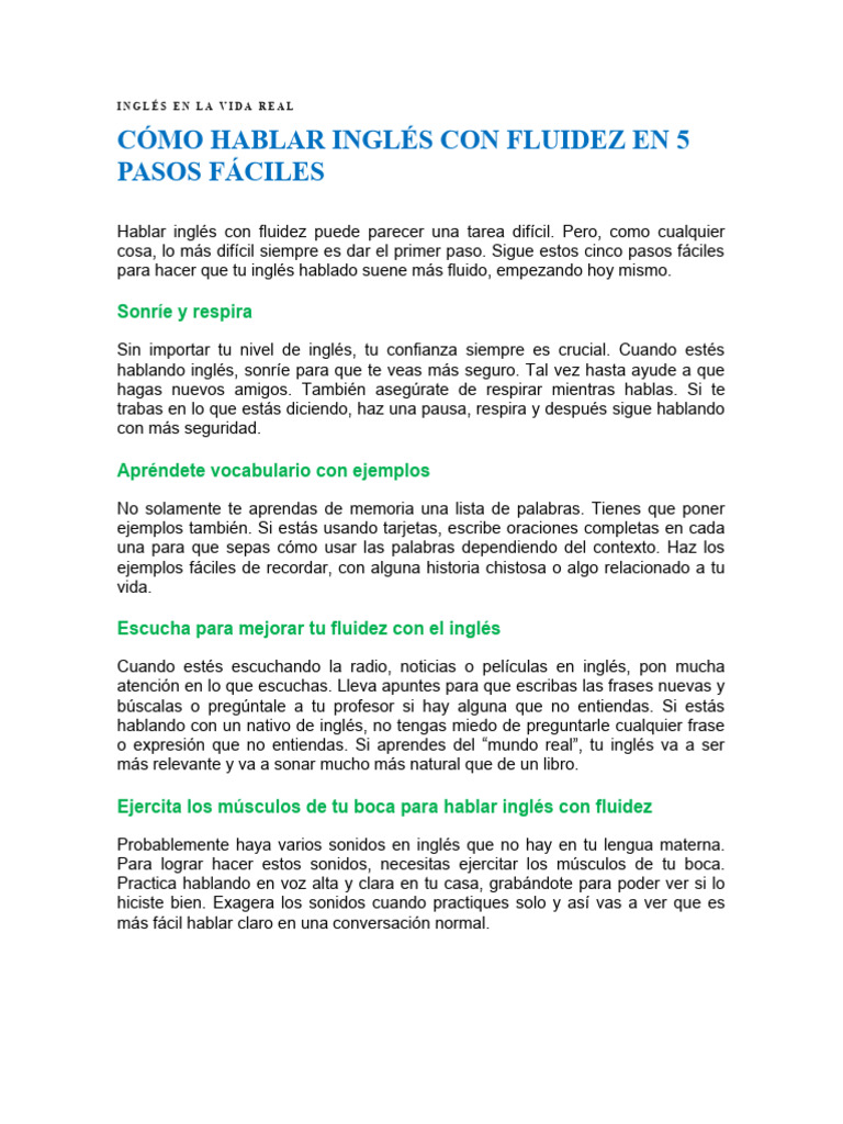 Mejora tu fluidez en inglés en 5 pasos | PDF | Idioma en Inglés ...