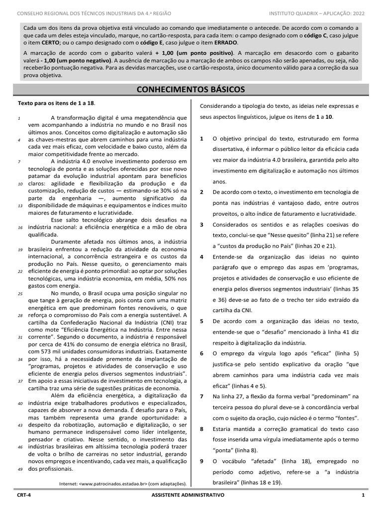 Quadrix 2022 CRT 04 Assistente Administrativo Prova | PDF