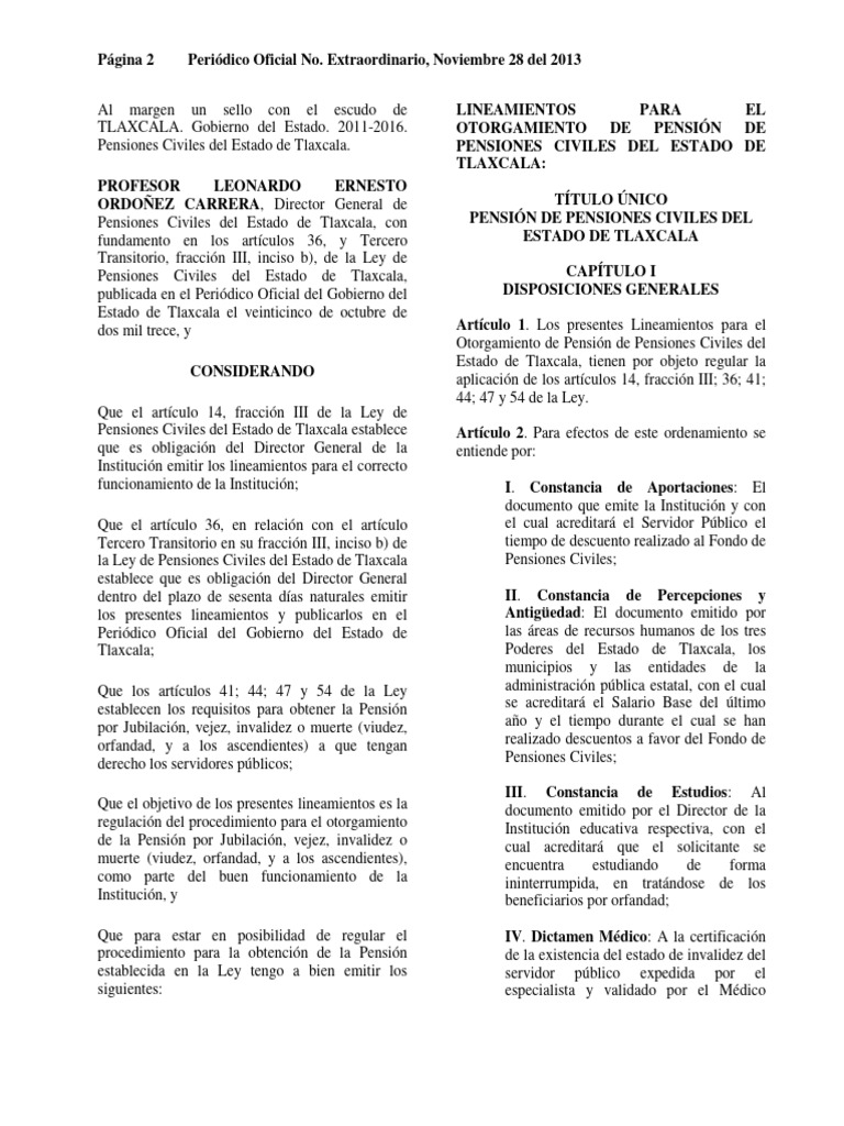 Lineamientos para El Otorgamiento de Pension de Pensiones Civiles Del Estado de Tlaxcala | PDF