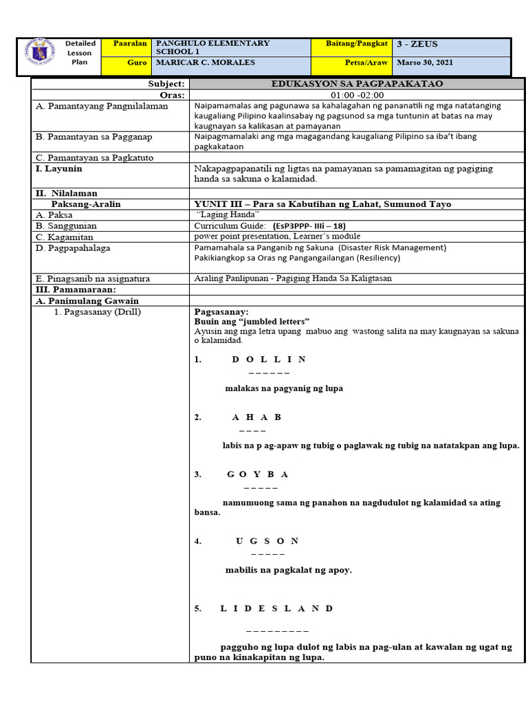 ESP 3 Lesson Plan COT 1 MARCH2023 - JUNE23 | PDF