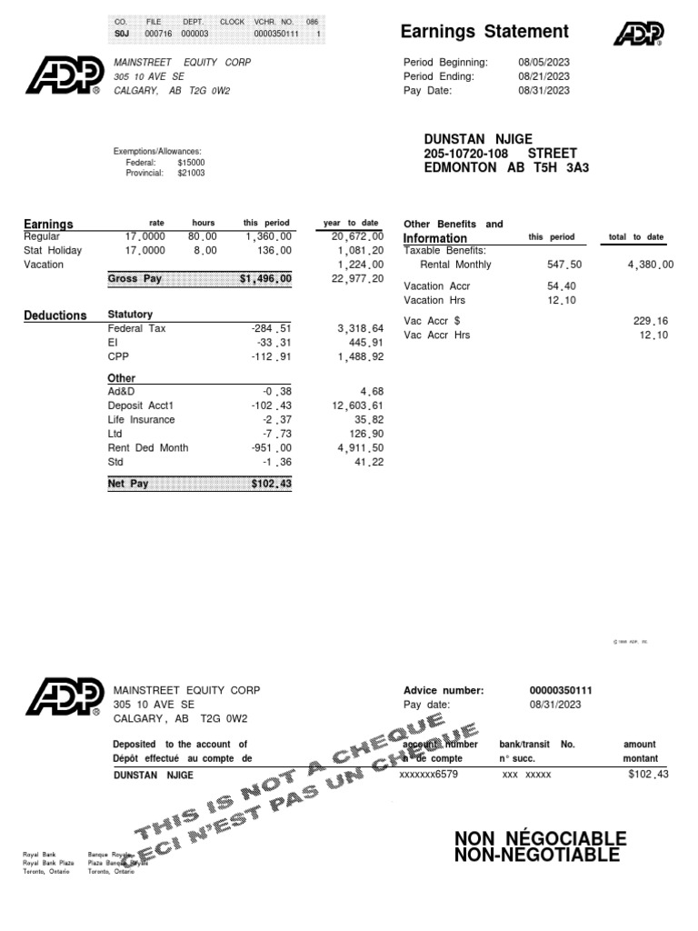 Earnings Statement: Non-Negotiable Non Négociable | PDF
