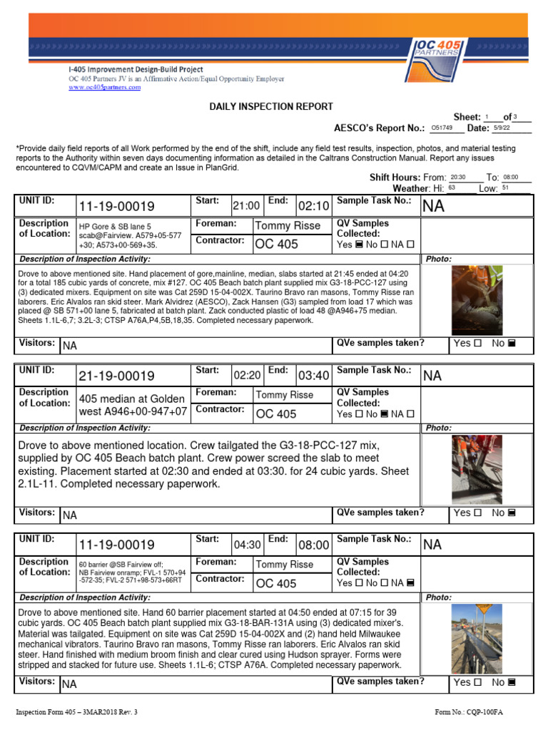 I-405 Daily Inspection Report | PDF