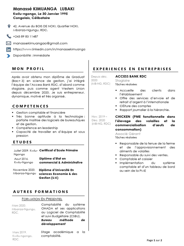 CV Professionnel de Manassé Kimuanga | PDF | République démocratique du ...