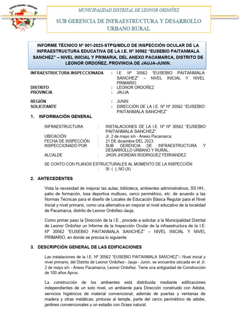 Informe de Inspeccion Tecnica Jauja Junin | PDF | Infraestructura