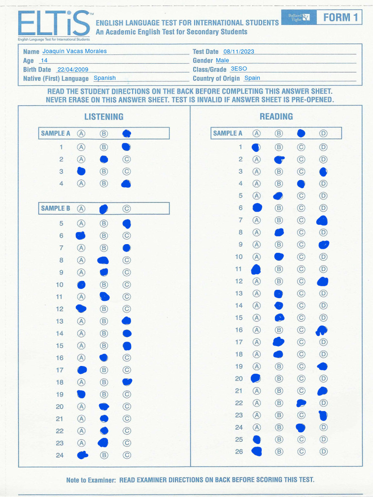 ELTIS Test Answer Sheet | PDF