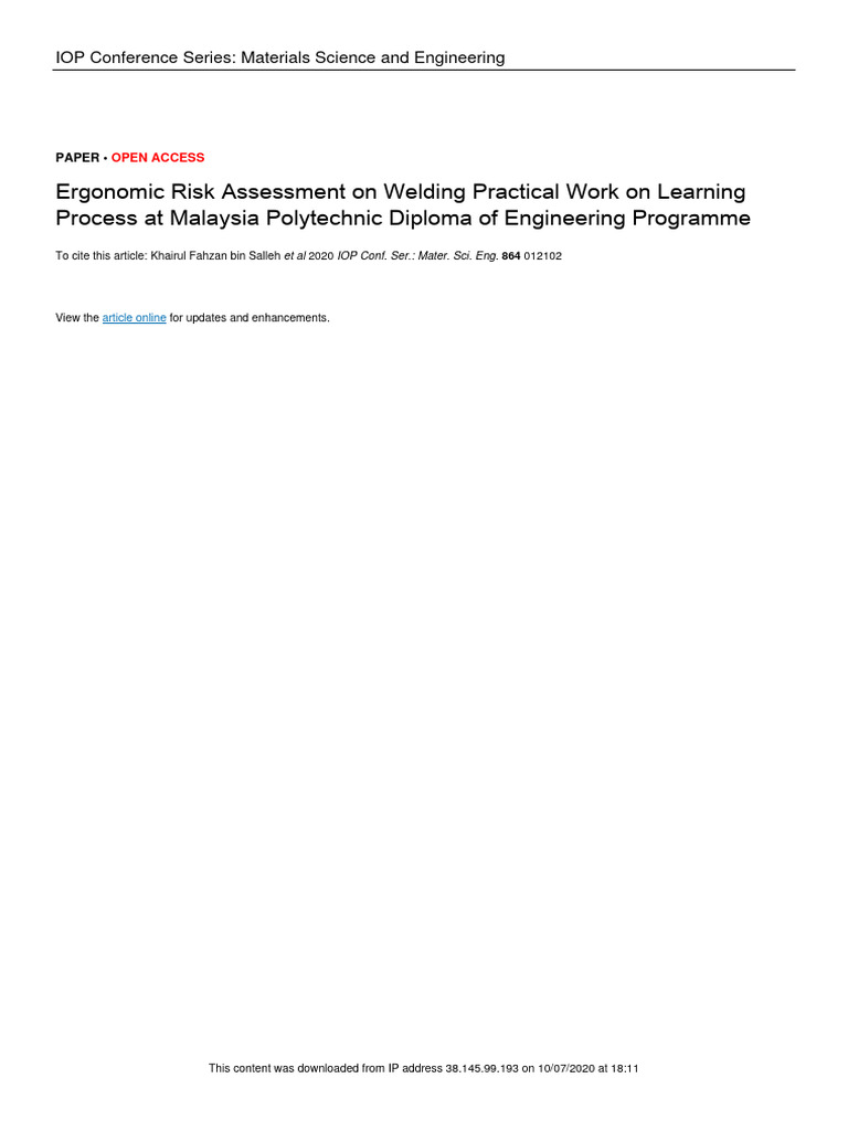 Ergonomic Risk Assessment On Welding Practical Wor | PDF | Human Factors And Ergonomics | Injury