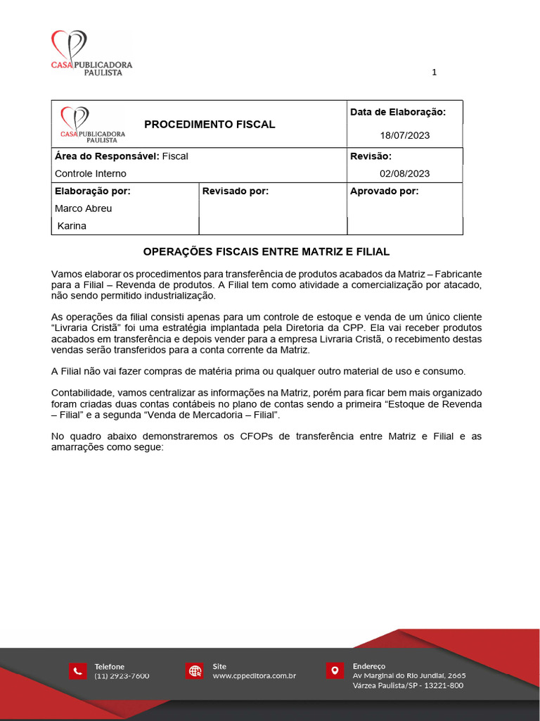 Procedimento de Transferencia de Produtos Entre Matriz e Filial ...