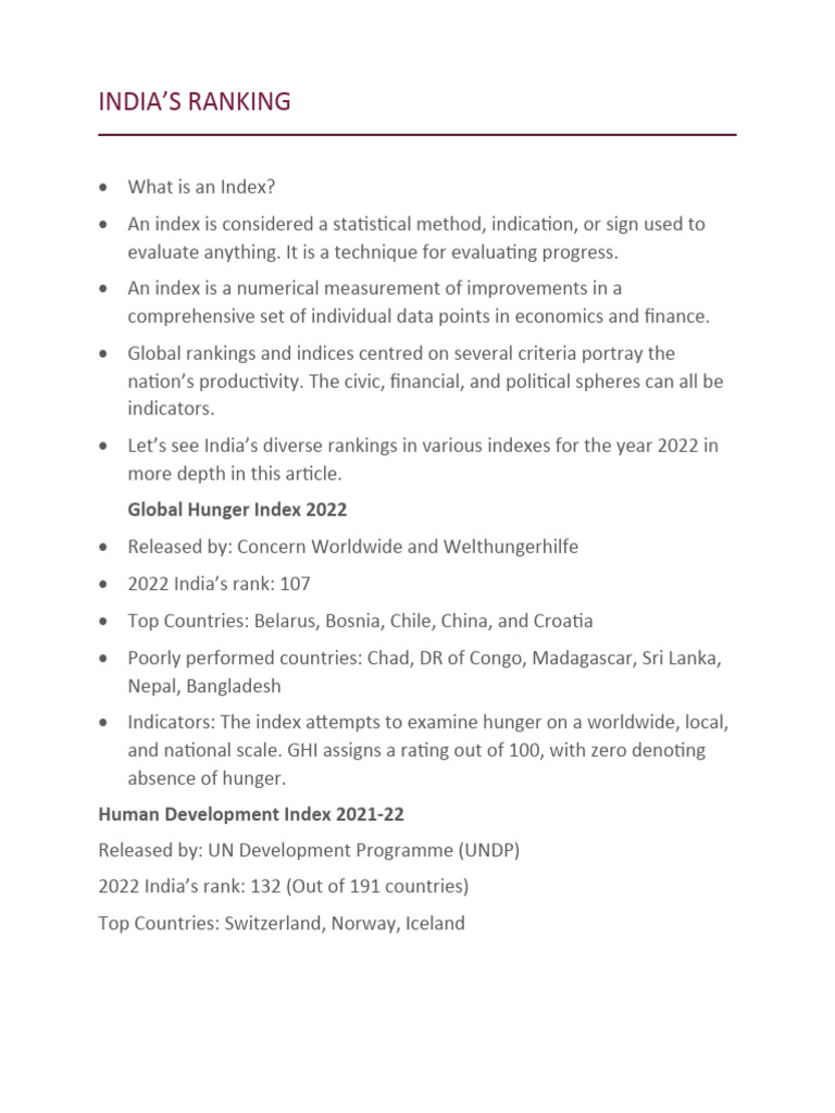 India's Ranking in Various Indices | PDF | Cost Of Living | Economies