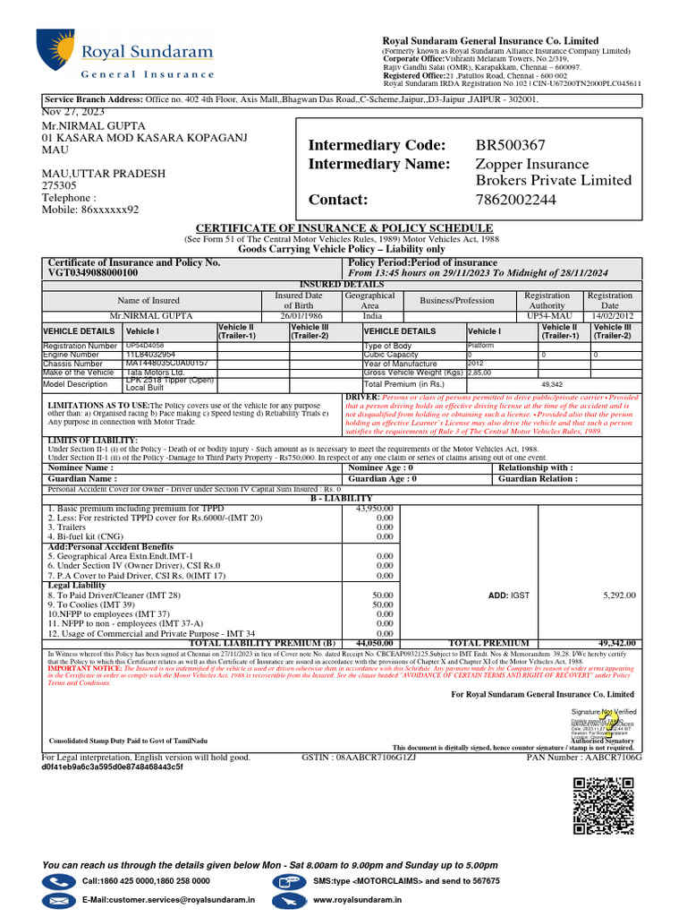 Intermediary Code: Intermediary Name: Contact:: BR500367 Zopper ...