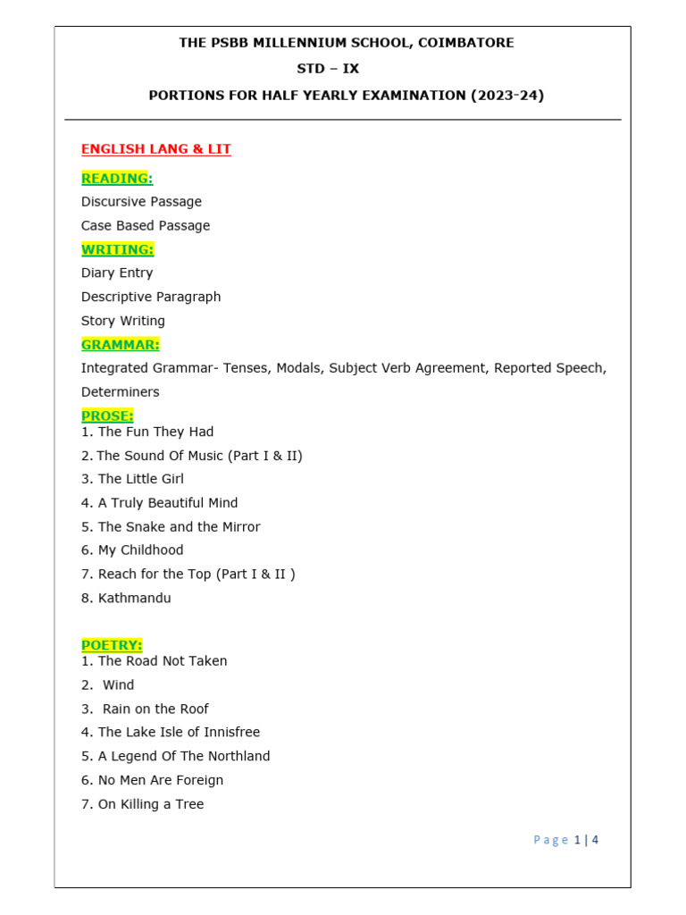 IX STD Portions For Half Yearly Examination 2023-241700823213-1 | PDF