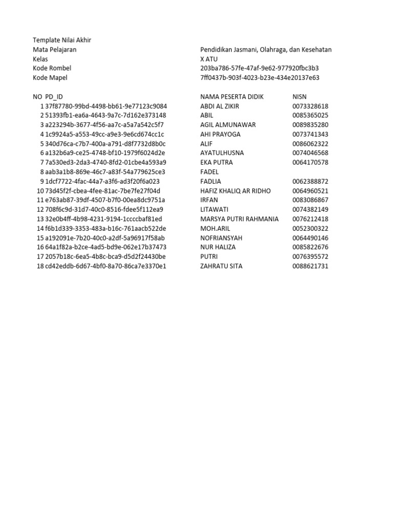 Template Nilai Akhir Mata Pelajaran Pendidikan Jasmani Olahraga Dan Kesehatan Kelas X ATU | PDF