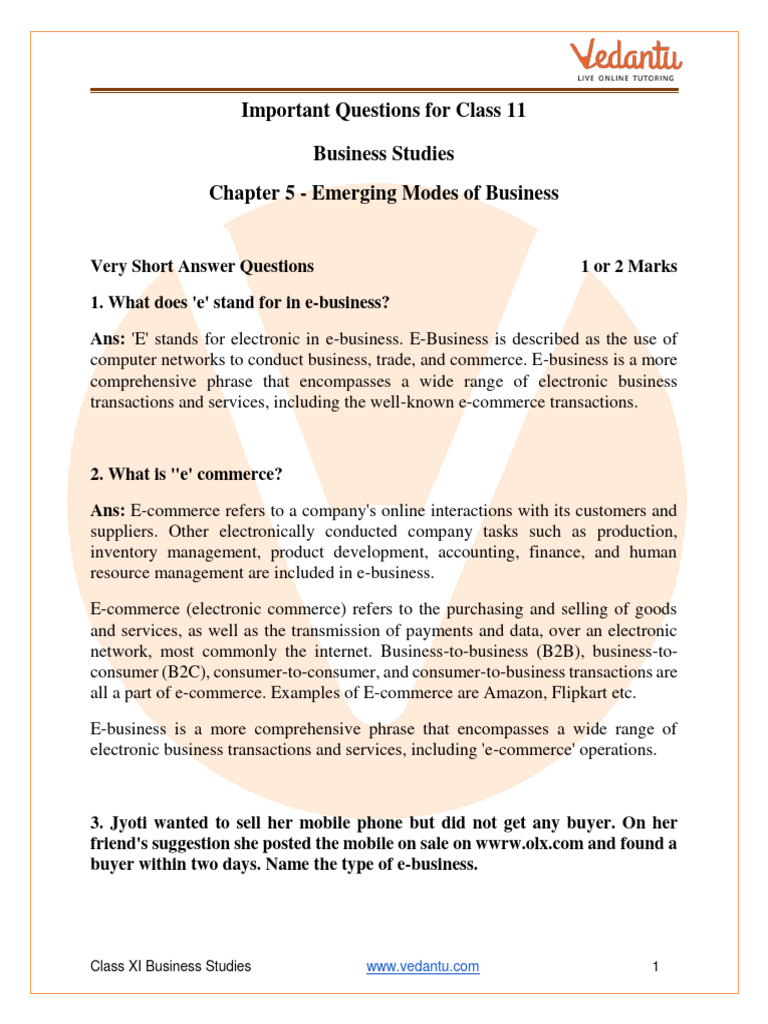 Important Questions For CBSE 11 Chapter 5 | Download Free PDF | E Commerce | Electronic Business