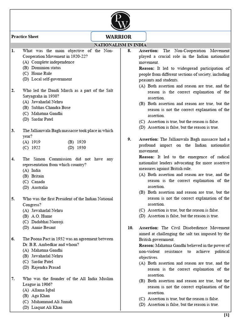 History - Nationalism in India - Practice Sheet - WARRIOR SERIES CLASS ... History - Nationalism in India - Practice Sheet - WARRIOR SERIES CLASS ...