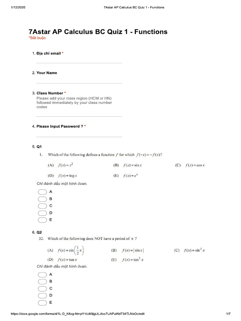 Quiz 1A - Calculus | PDF