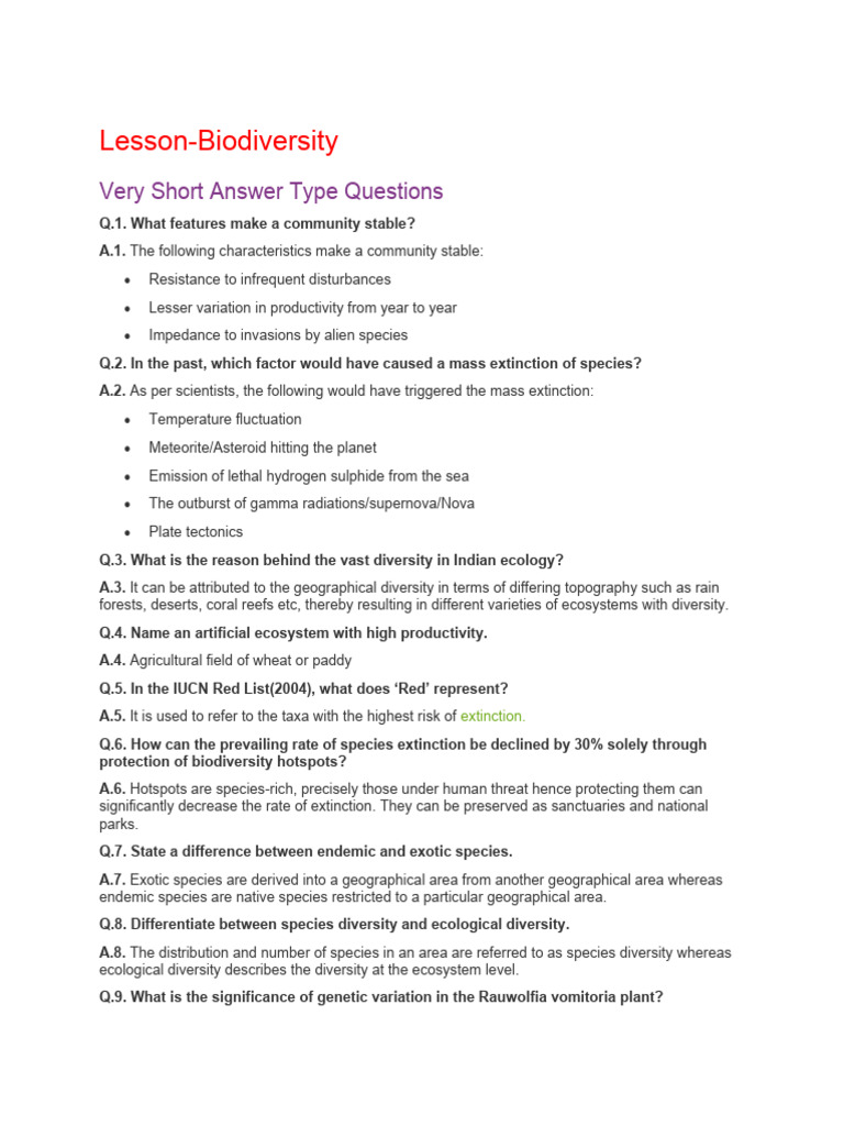 Lesson Biodiversity IMP Q | PDF | Science & Mathematics | Technology & Engineering