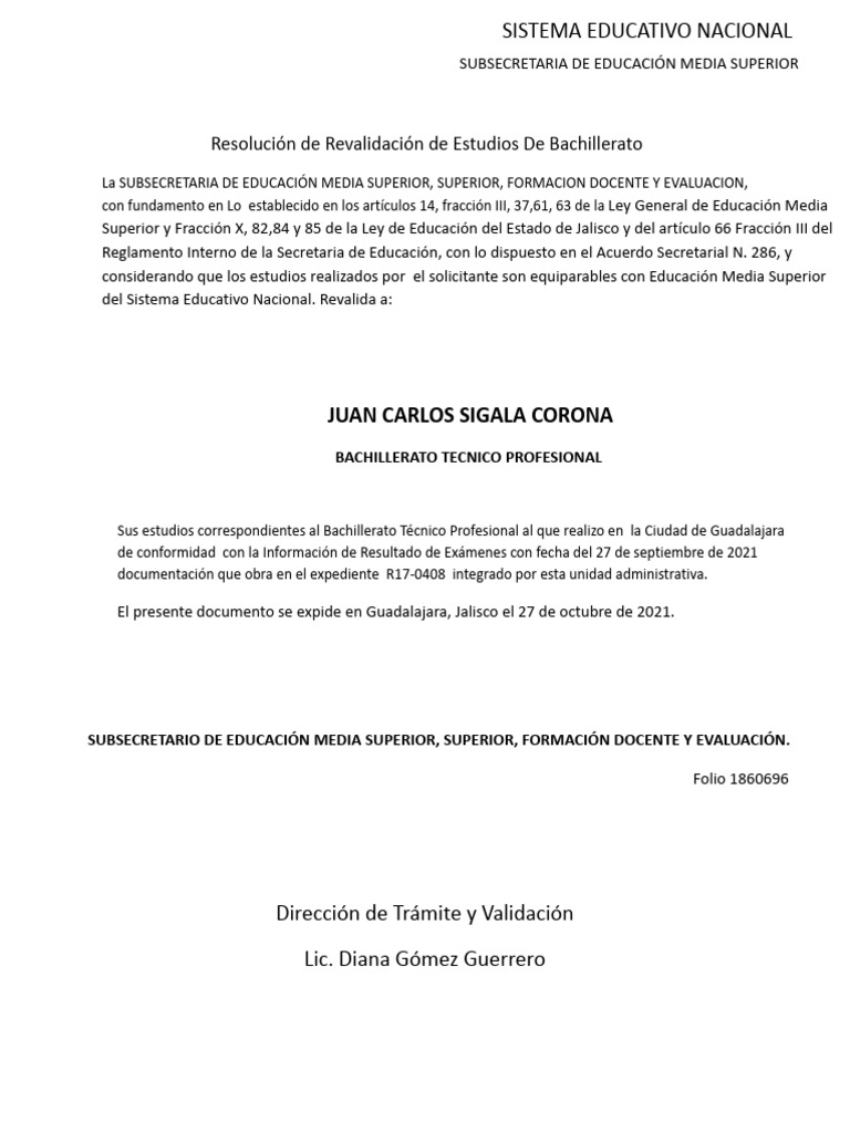 Carta de Validacion Bachillerato | PDF