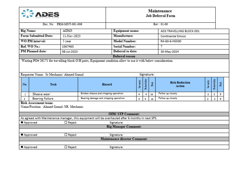 AD3 TRAVELLING BLOCK Deferral Form | PDF | Safety | Risk