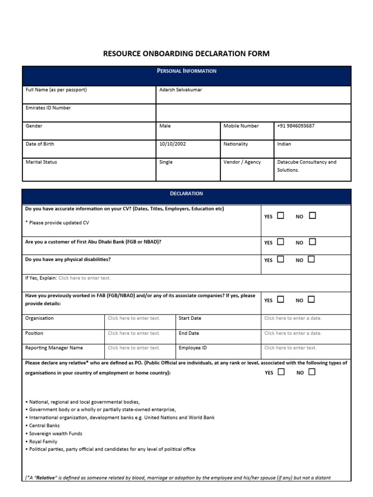Resource Onboarding Declaration Form. (New) - Original | PDF