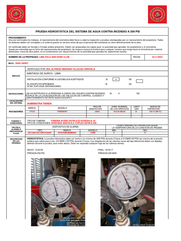 Prueba Hidrostática Del Sistema de Agua Contra Incendio Polo | PDF