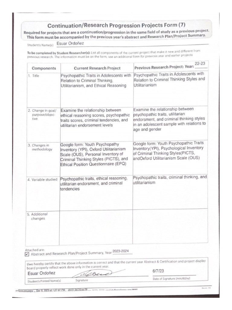 ContinuationResearch Progression Projects Form | PDF